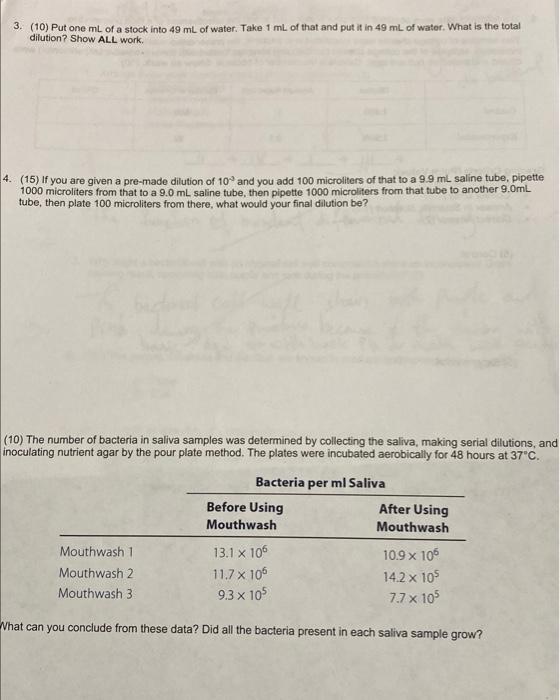 Solved 3. (10) Put one mL of a stock into 49 mL of water. | Chegg.com