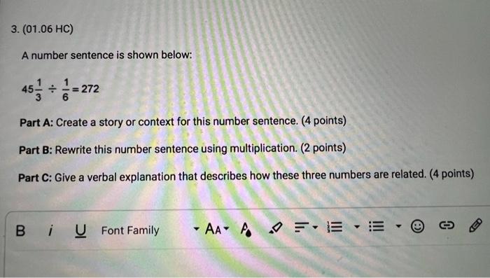 Solved A number sentence is shown below: 4531÷61=272 Part A: | Chegg.com