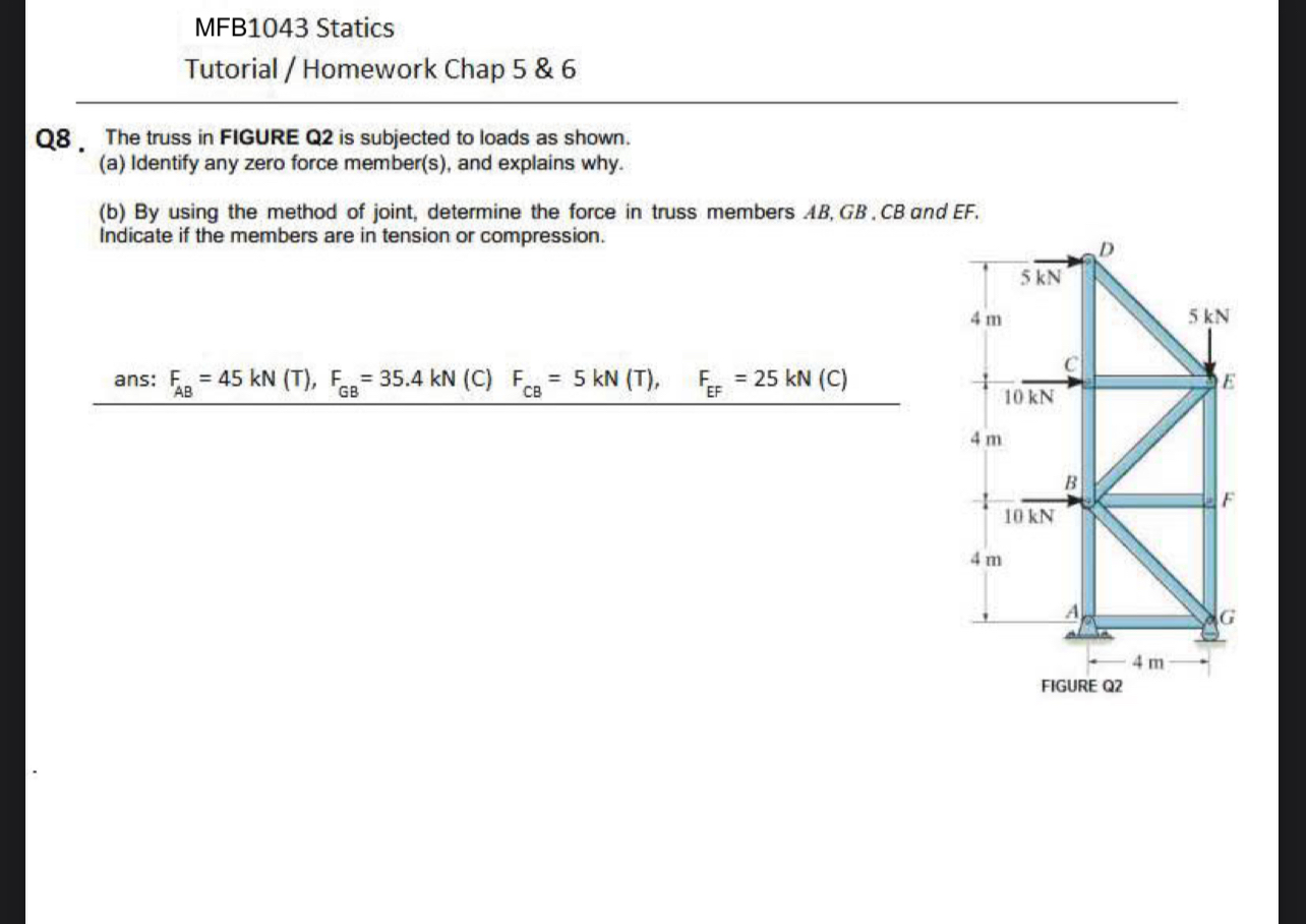 Solved MFB1043 ﻿StaticsTutorial / ﻿Homework Chap 5 ﻿& 6Q8. | Chegg.com
