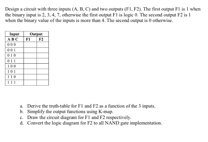 Solved Design a circuit with three inputs (A, B, C) and two | Chegg.com