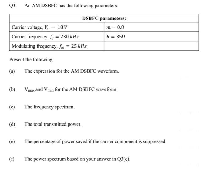 Solved Q3 An AM DSBFC has the following parameters: DSBFC | Chegg.com