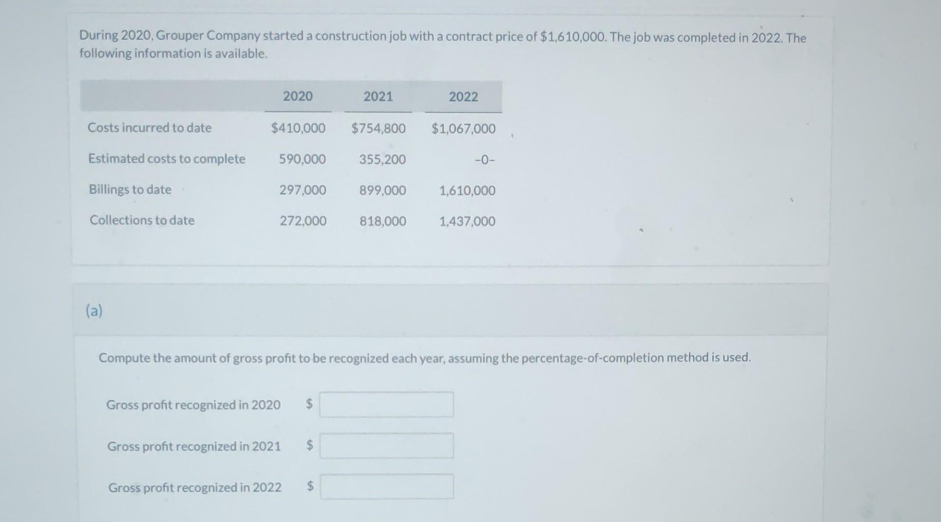 Solved During 2020, Grouper Company started a construction | Chegg.com