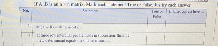 Solved If A,B is an n×n matrix. Mark each statement True or | Chegg.com