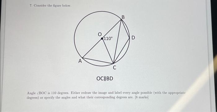 Solved 7. Consider the figure below: OC∥BD Angle ∠BOC is 110 | Chegg.com