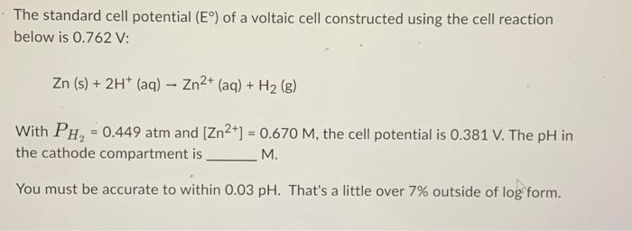 Solved The standard cell potential (E∘) of a voltaic cell | Chegg.com