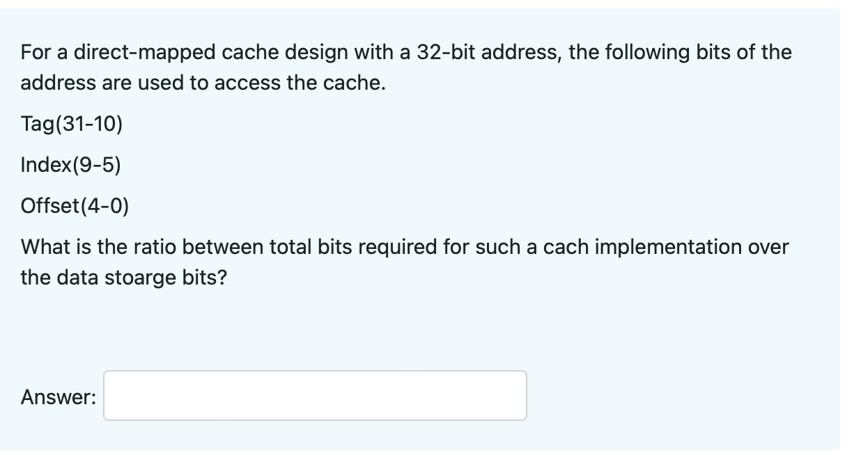 Solved For a direct-mapped cache design with a 32-bit | Chegg.com
