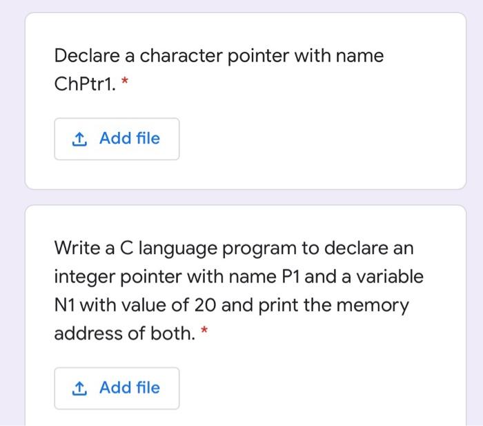 Solved Declare a character pointer with name ChPtr1. * 1. | Chegg.com