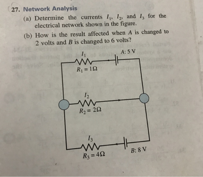 Solved 27. Network Analysis (a) Determine the currents I, I, | Chegg.com