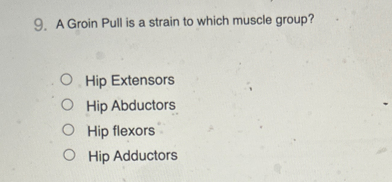 Solved A Groin Pull is a strain to which muscle group?Hip | Chegg.com