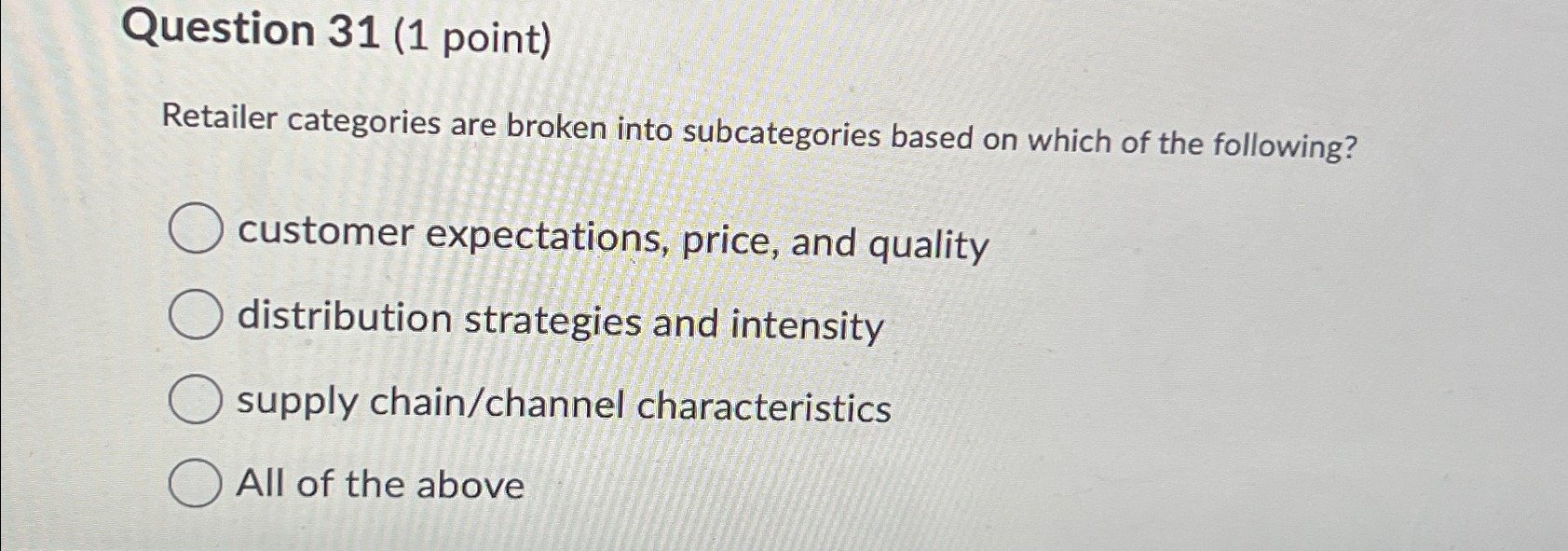 Solved Question 31 (1 ﻿point)Retailer categories are broken | Chegg.com