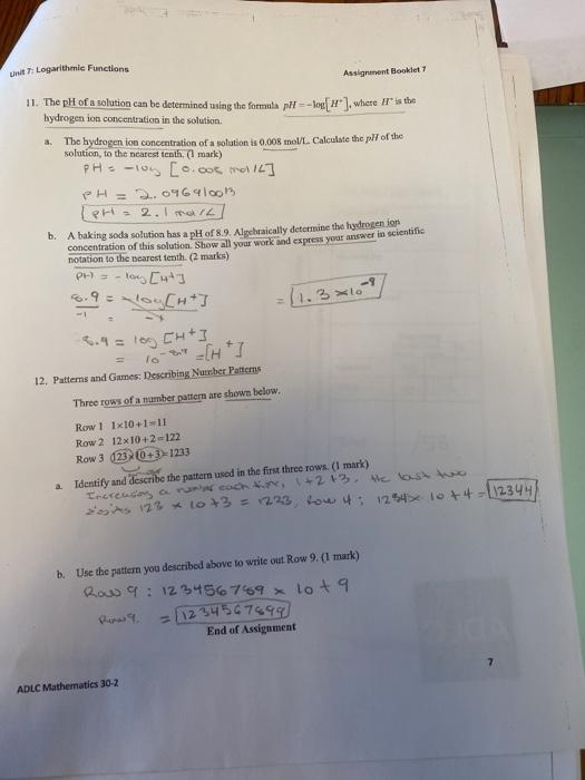 Solved Unit T. Logarithmic Functions Assignment Booklet 11. | Chegg.com