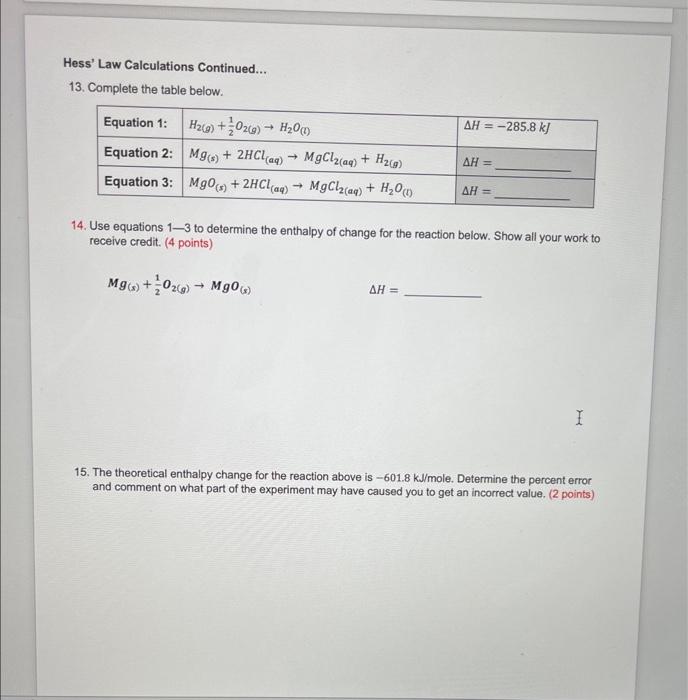 Solved Hess' Law Calculations Continued... 13. Complete the | Chegg.com
