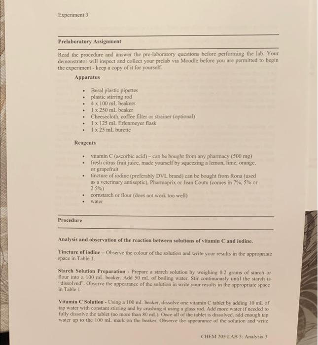 Experiment 3 . . . Prelaboratory Assignment Read the | Chegg.com