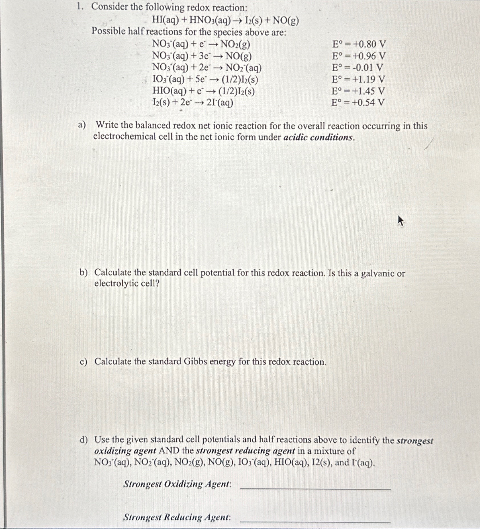 Solved Consider the following redox | Chegg.com