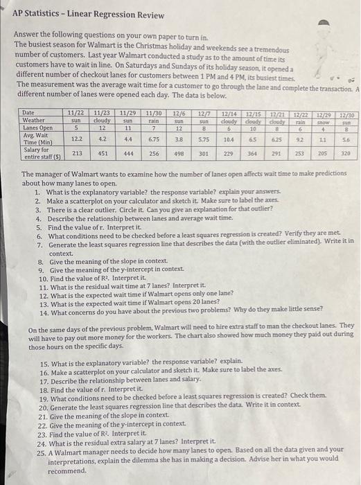 Solved AP Statistics - Linear Regression Review Answer the | Chegg.com