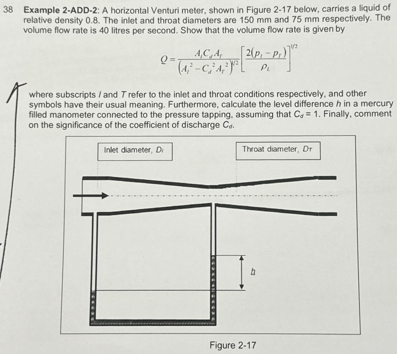 Solved 38 ﻿Example 2-ADD-2: A horizontal Venturi meter, | Chegg.com