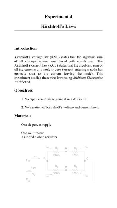 Solved Experiment 4 Kirchhoff's Laws Introduction | Chegg.com