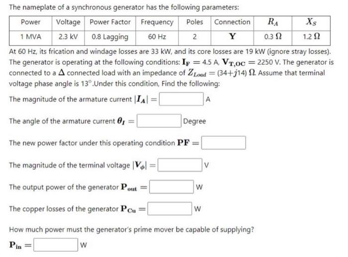 Solved Xs The nameplate of a synchronous generator has the | Chegg.com