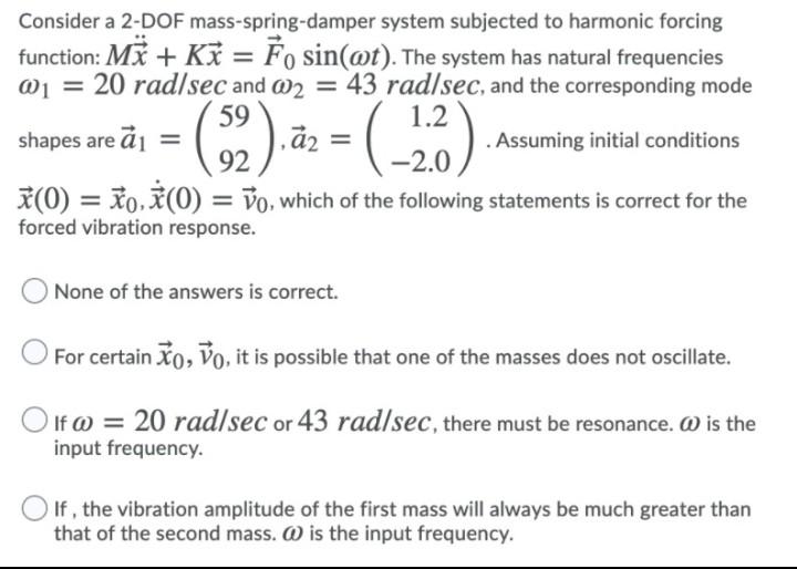 Solved Consider a 2-DOF mass-spring-damper system subjected | Chegg.com