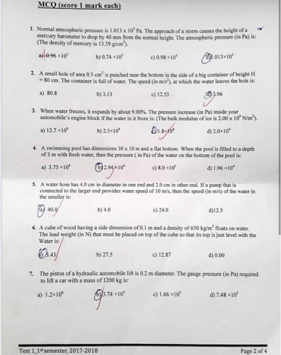 Solved 1. Normal atmospheric pressure is 1.013×105 Pa. The | Chegg.com