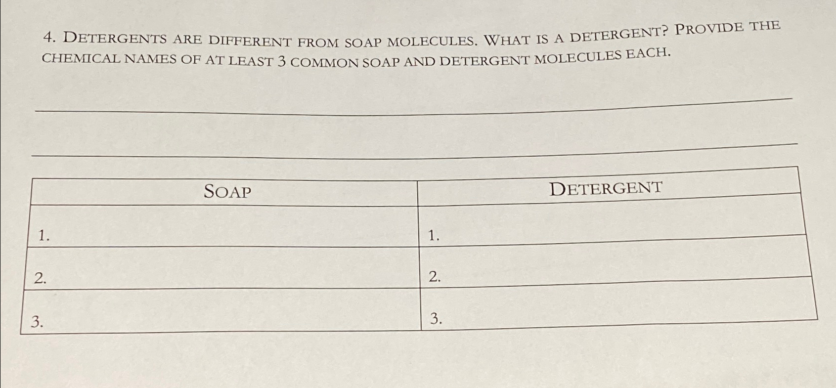 Solved DEtergents ARE DIFFERENT FROM SOAP MOLECULES. WHAT IS | Chegg.com