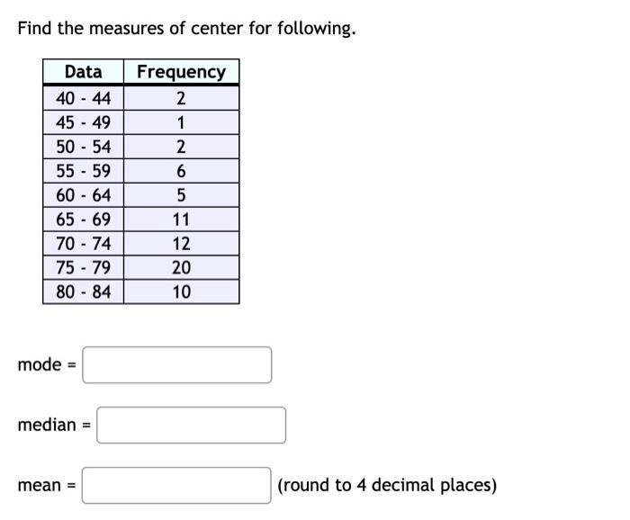 Solved Find the measures of center for following. mode = | Chegg.com
