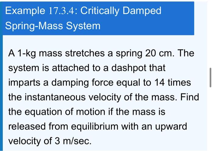 Solved Example 17.3.4: Critically Damped Spring-Mass System | Chegg.com