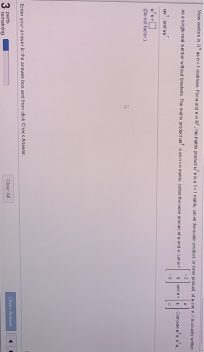 Solved View vectors in R" as nx 1 matrices. For u and vin | Chegg.com