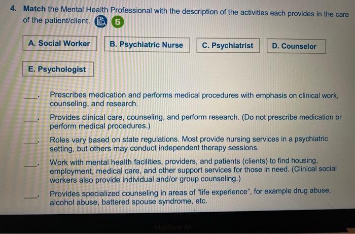 Solved 4. Match the Mental Health Professional with the | Chegg.com