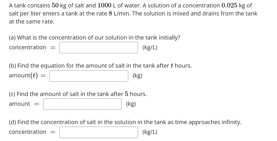 Solved A tank contains 50kg ﻿of salt and 1000L ﻿of water. A | Chegg.com