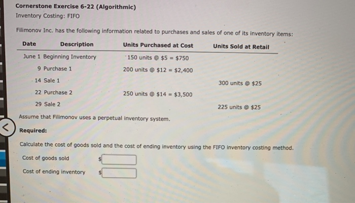 Solved Cornerstone Exercise 6-22 (Algorithmic) Inventory | Chegg.com