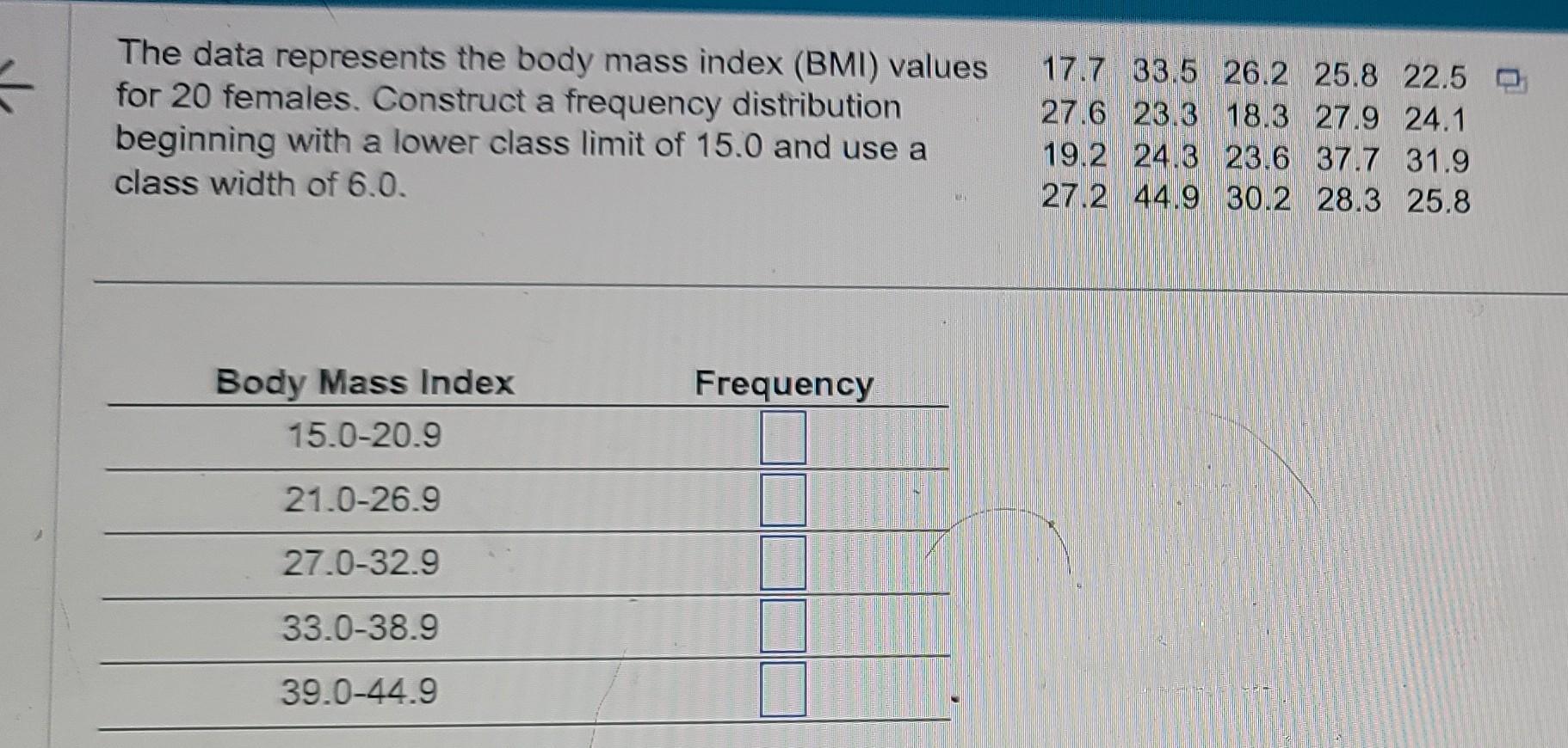 Solved \begin{tabular}{cc} Body Mass Index & Frequency \\ | Chegg.com
