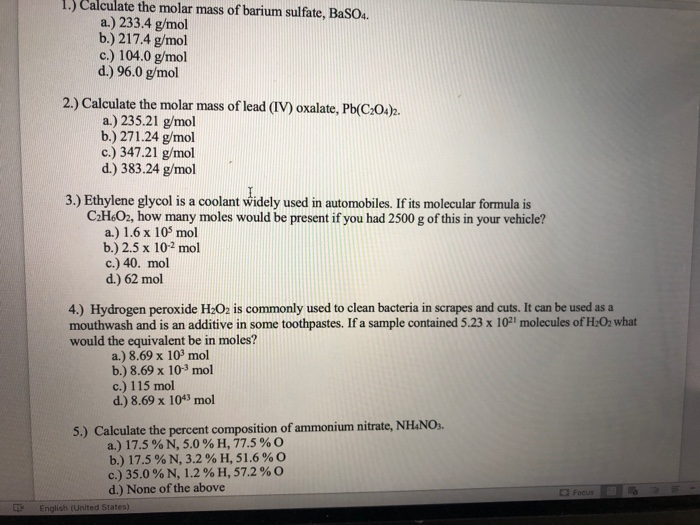 Solved 1.) Calculate the molar mass of barium sulfate, | Chegg.com