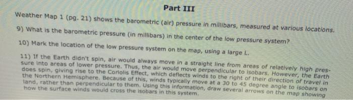 Solved Part III Weather Map 1 (pg. 21) shows the barometric | Chegg.com