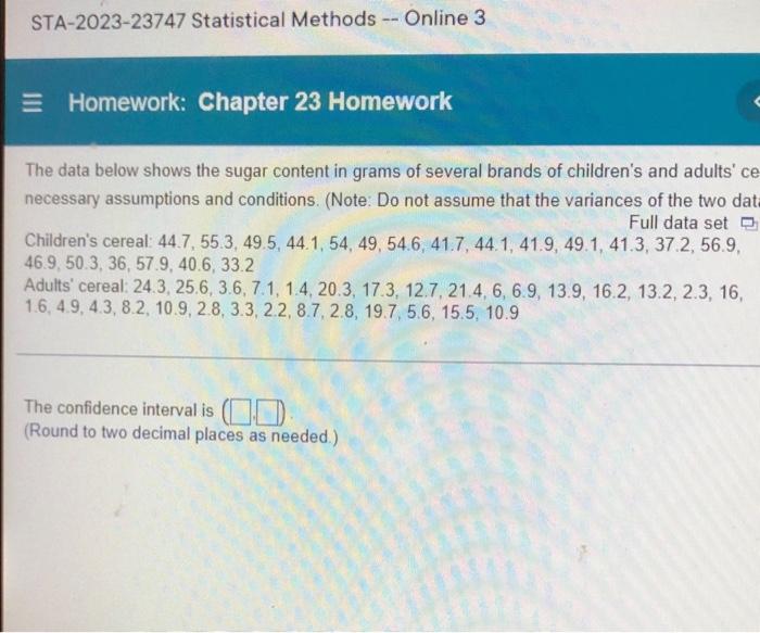 Solved STA-2023-23747 Statistical Methods -- Online 3 | Chegg.com