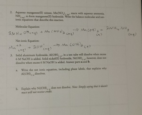 Solved 2. Aqueous manganese(II) nitrate, Mn(NO). (sq reacts | Chegg.com