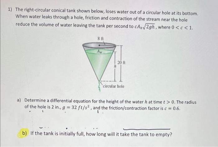 Solved 1) The right-circular conical tank shown below, loses | Chegg.com