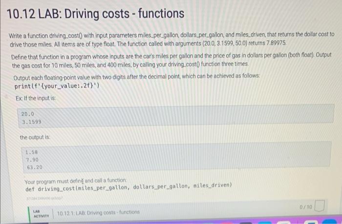 Solved 1012 Lab Driving Costs Functions Write A Function 7892