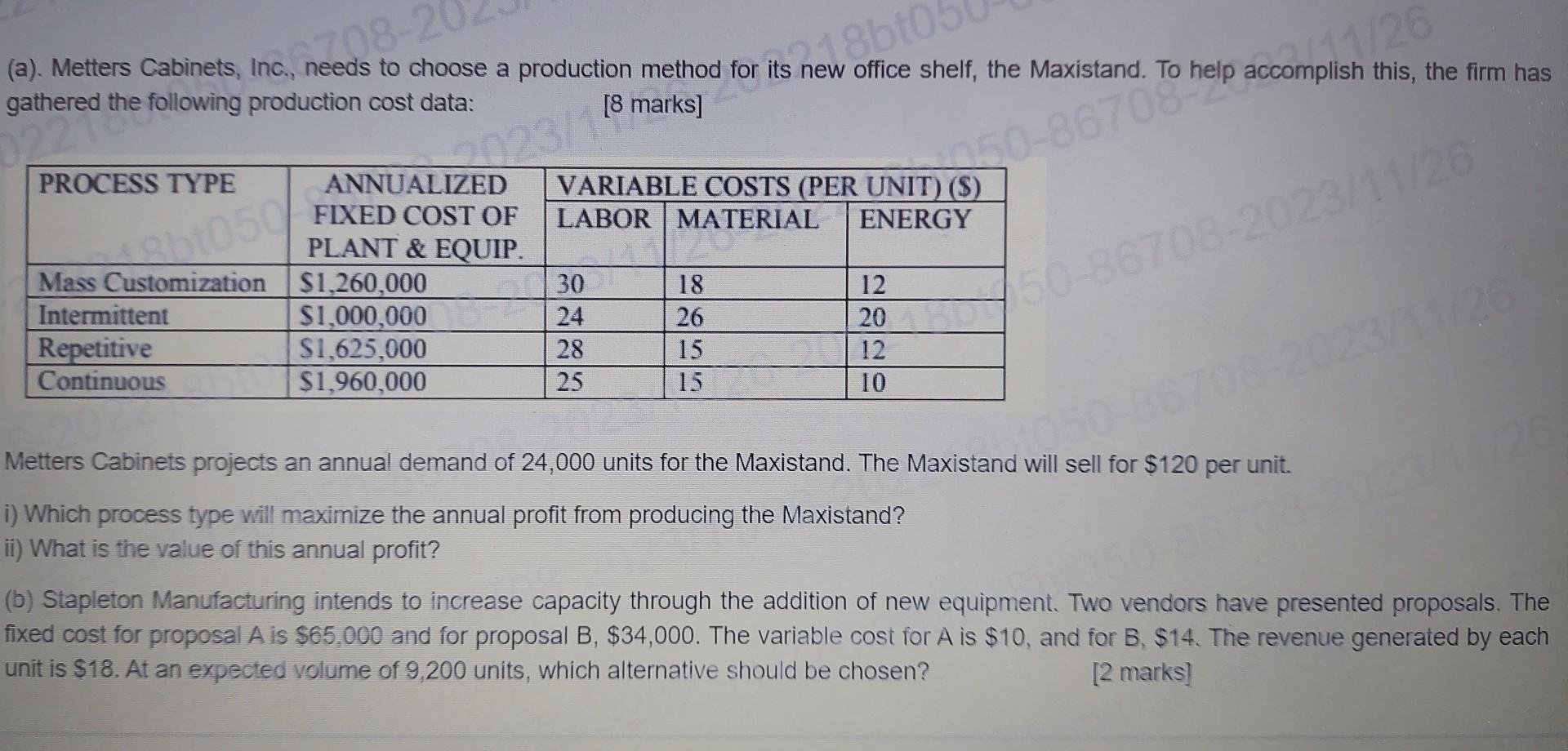 Solved (a). Metters Cabinets, Inc., needs to choose a | Chegg.com