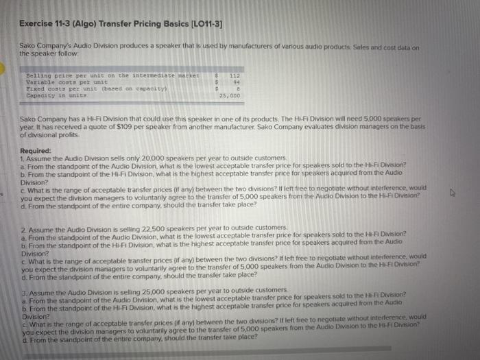 Solved Exercise 11-3 (Algo) Transfer Pricing Basics (LO11-3] | Chegg.com