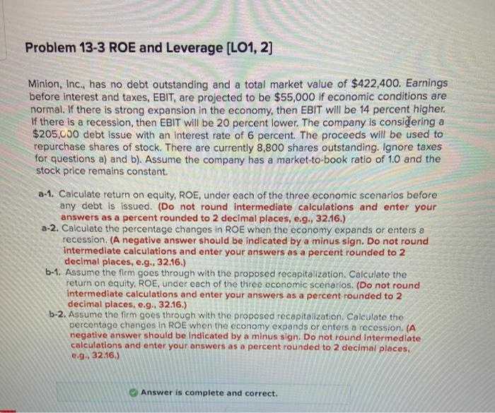 Solved Problem 13-3 ROE and Leverage (LO1, 2] Minion, Inc., | Chegg.com