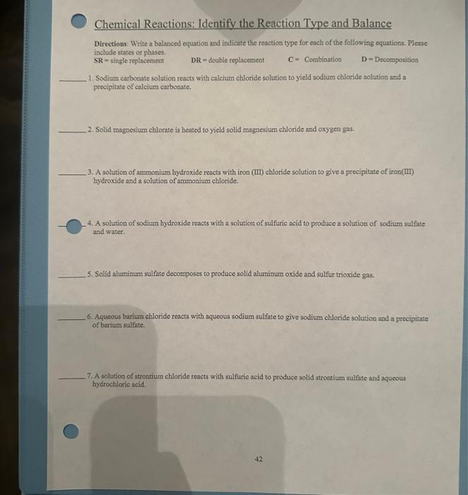 Chemical Reactions: Identify the Reaction Type and | Chegg.com