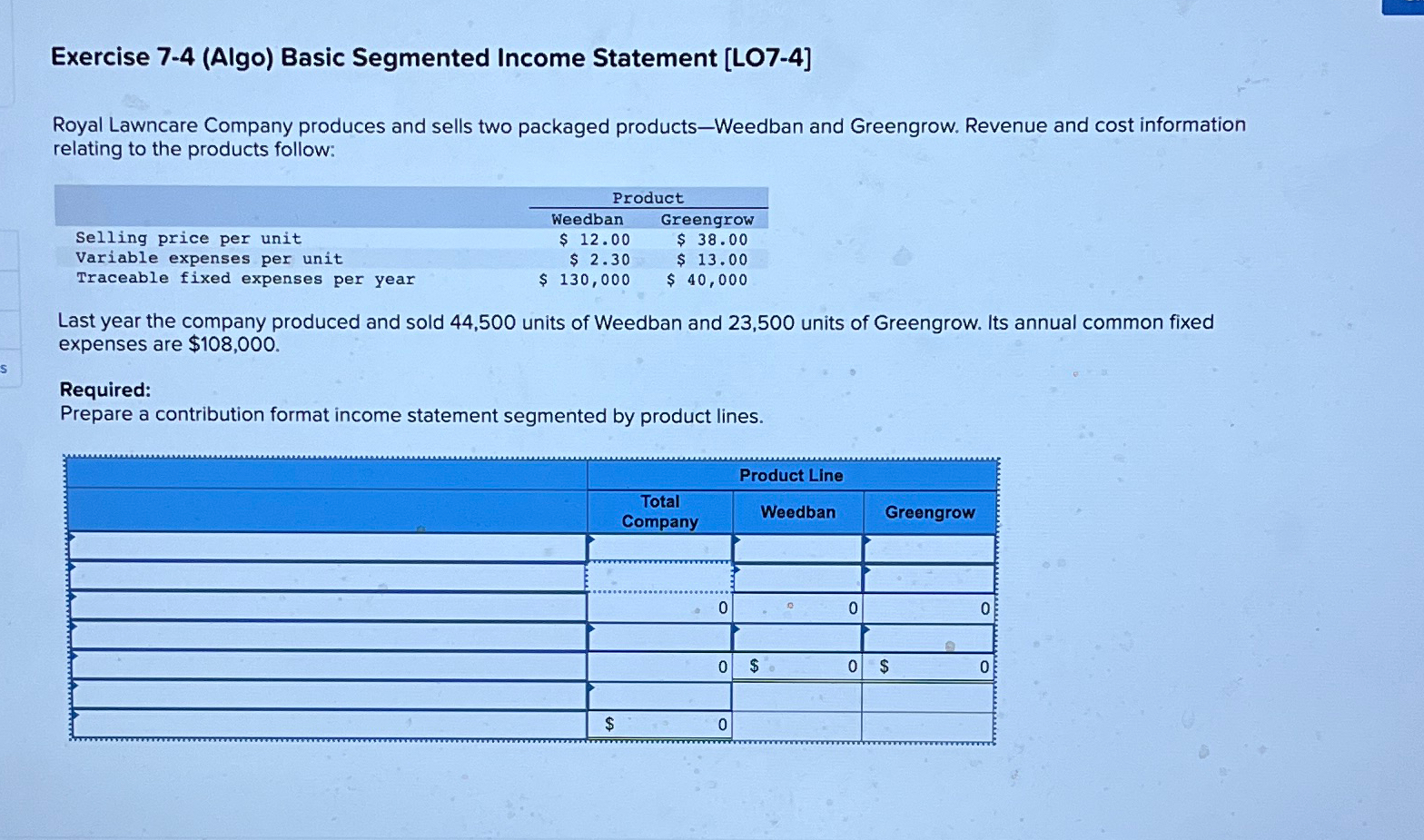 Solved Exercise 7-4 (Algo) ﻿Basic Segmented Income Statement | Chegg.com