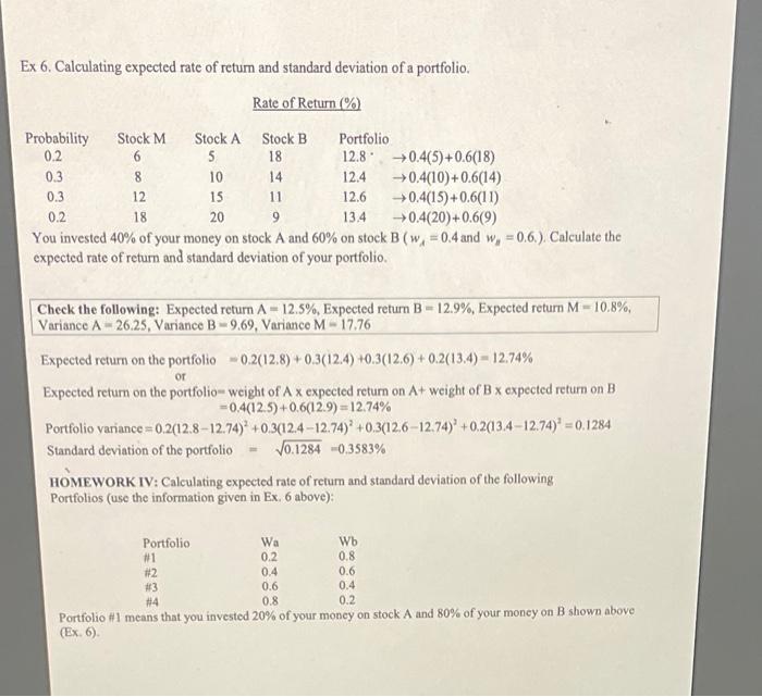 Solved Ex 6. Calculating expected rate of retum and standard | Chegg.com