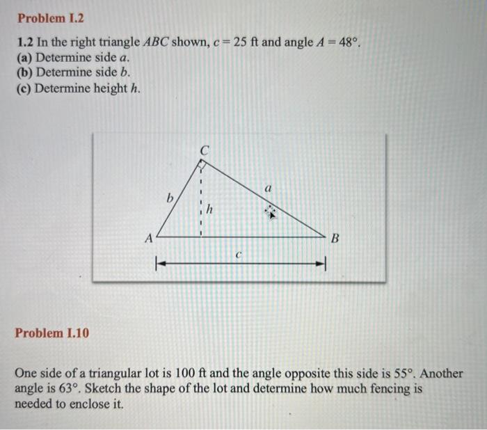 Solved 1.2 In the right triangle ABC shown, c=25ft and angle | Chegg.com