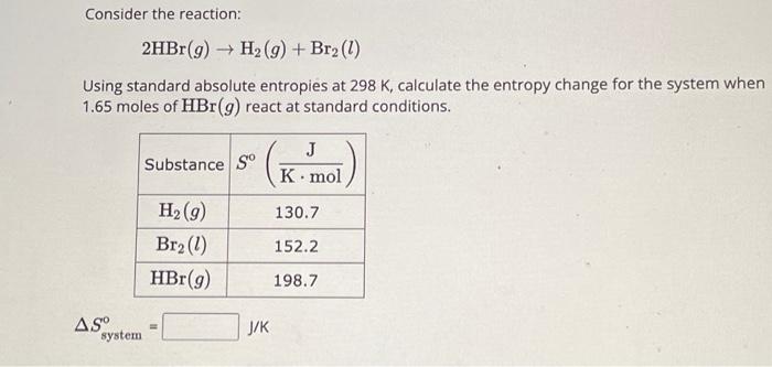 Solved Consider the reaction: 2HBr(g)→H2(g)+Br2(l) Using | Chegg.com
