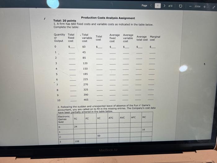 Solved Production Costs Analysis Assignment Total: 20 points | Chegg.com