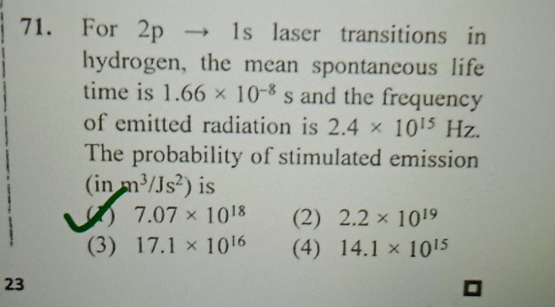 Solved For 2p→1s ﻿laser transitions in hydrogen, the mean | Chegg.com