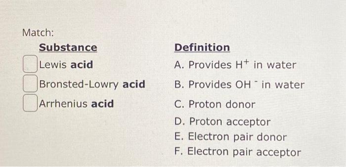 Solved Match: Substance Lewis acid Bronsted-Lowry acid | Chegg.com