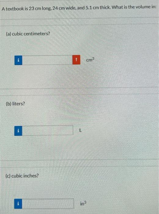 Solved A textbook is 23 cm long, 24 cm wide, and 5.1 cm | Chegg.com